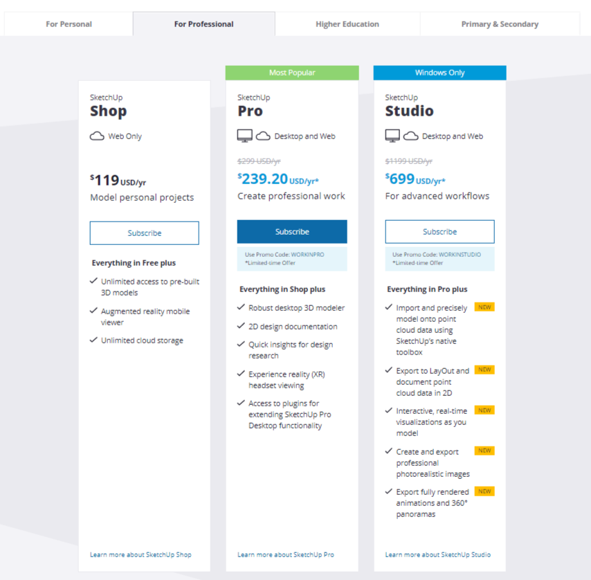 SketchUp Pricing Page Designs Example – Draftss