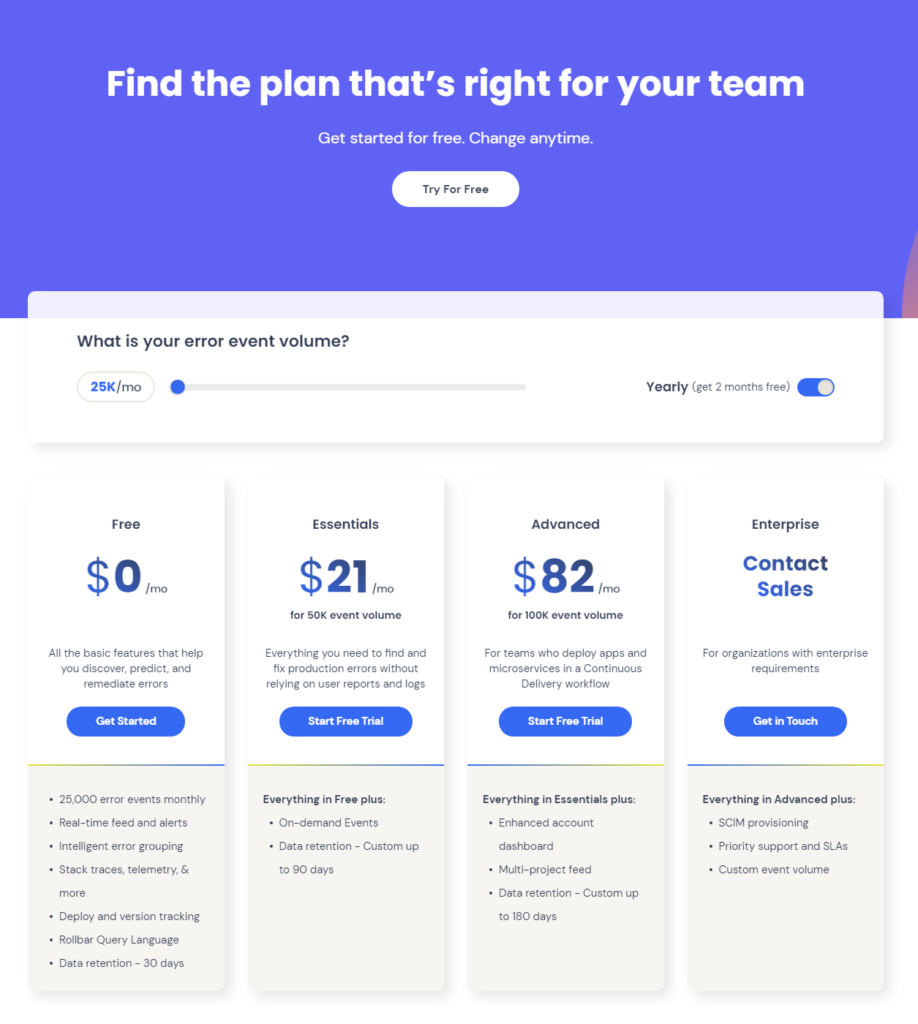 Rollbar Pricing Page Designs Example – Draftss