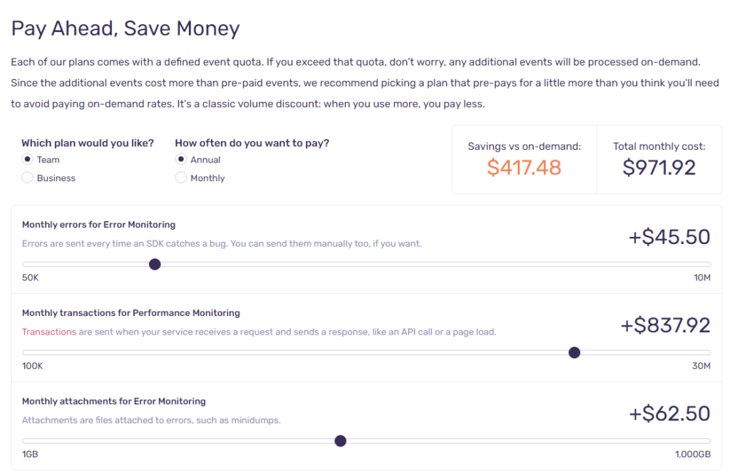 Sentry.io Pricing Page Designs Example – Draftss