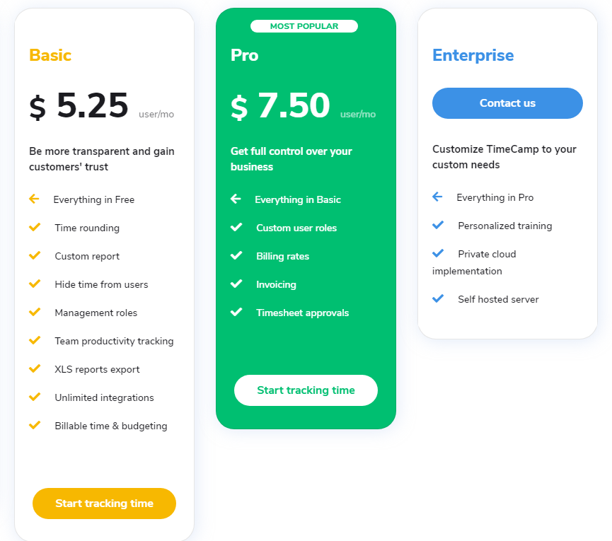 TimeCamp Pricing Page Designs Example – Draftss